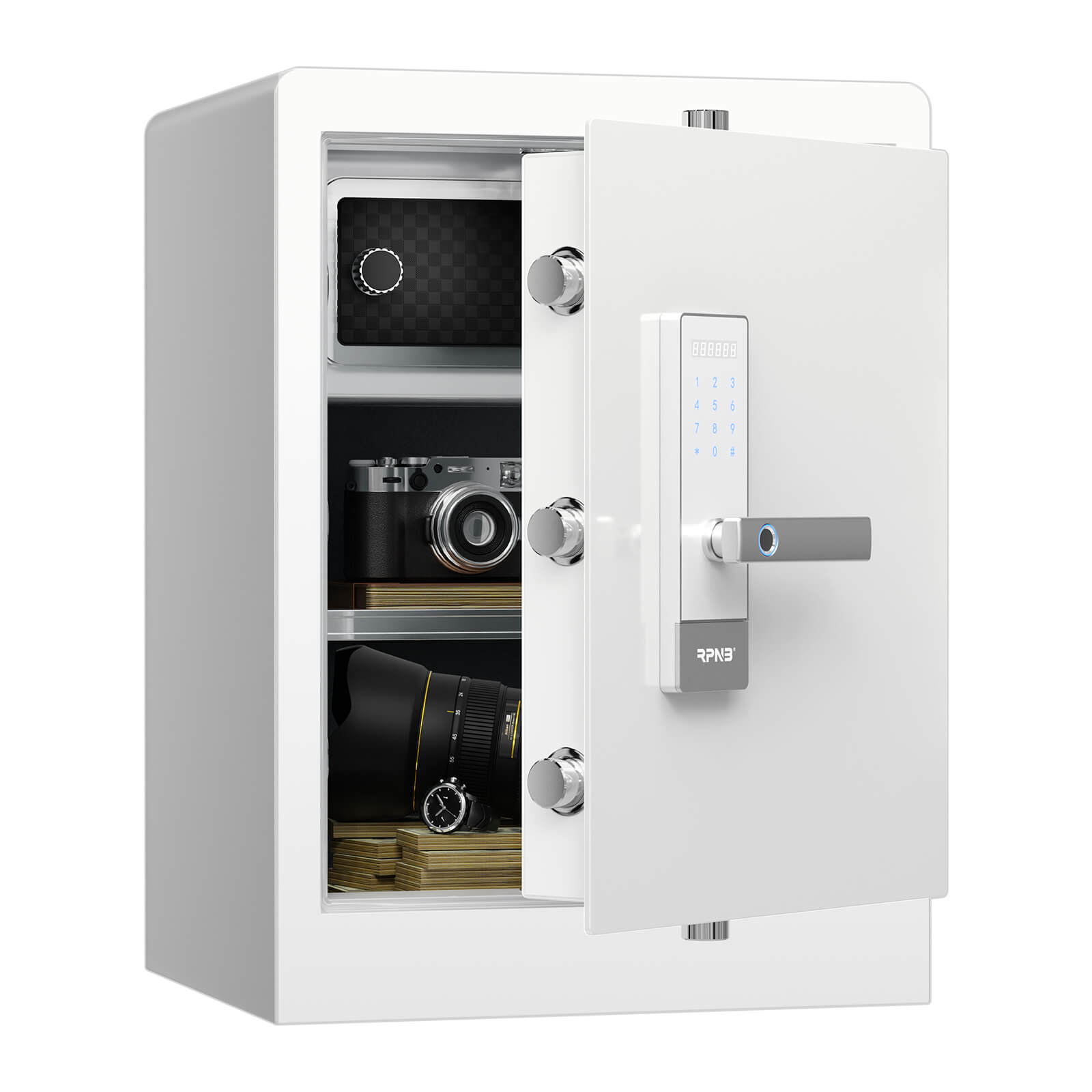 White Fingerprint Home Safe With Touchscreen Keypad, Deluxe Nightstand ...